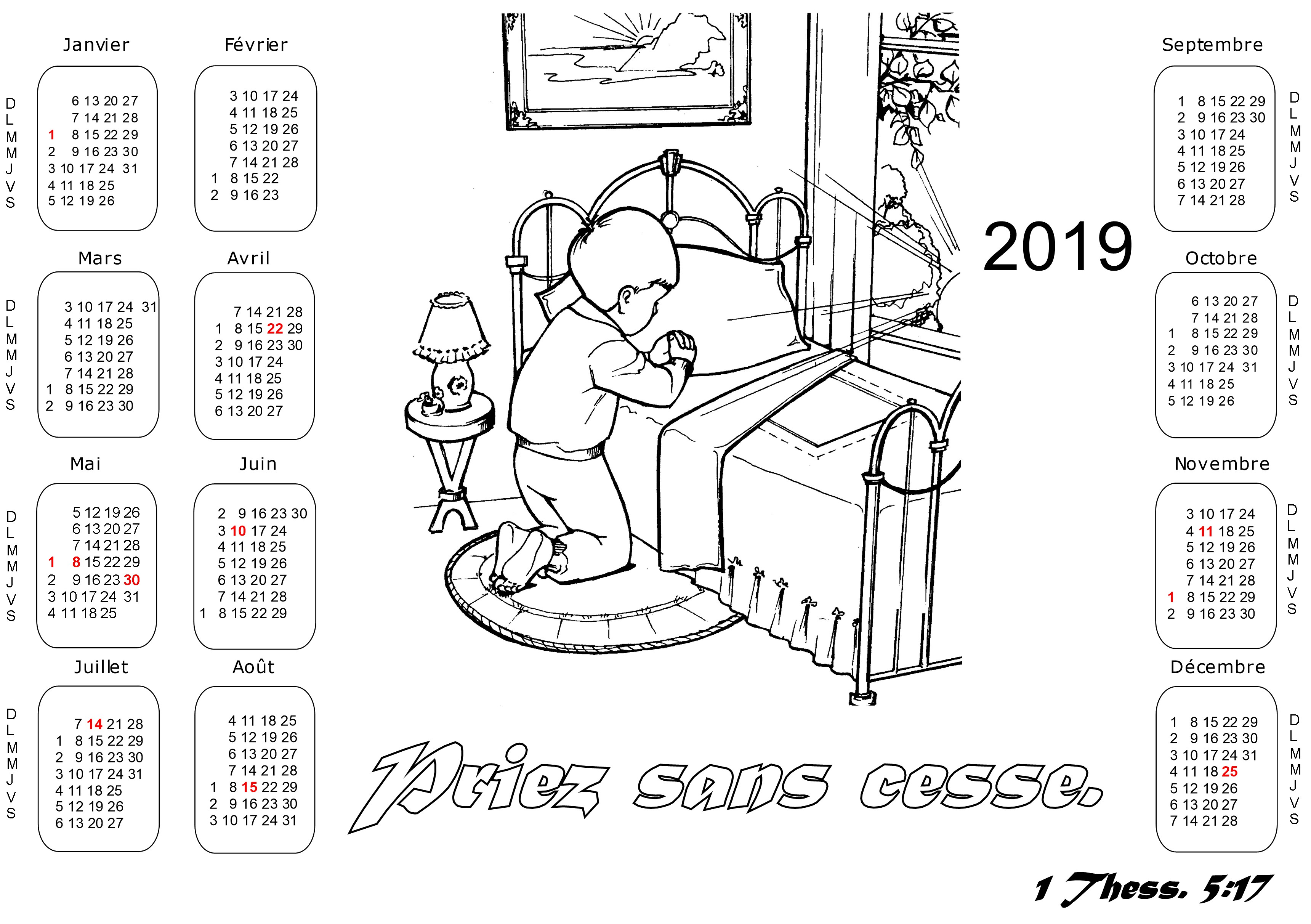Coloriages de calendriers pour l'année 2019 avec des versets de la Bible